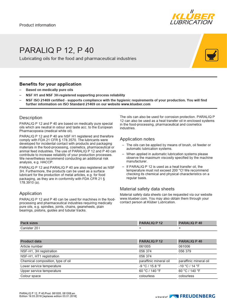 PARALIQ P 12, P 40 EN en | PDF | Lubricant | Oil