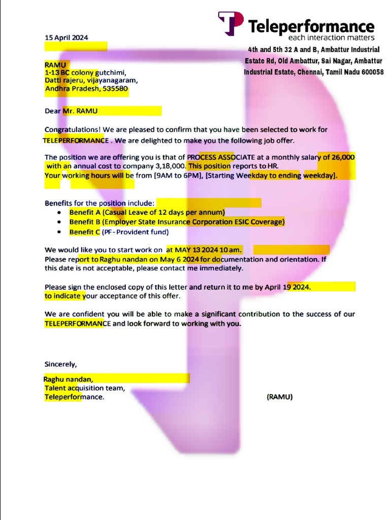 Ramu TP Offerletter | PDF