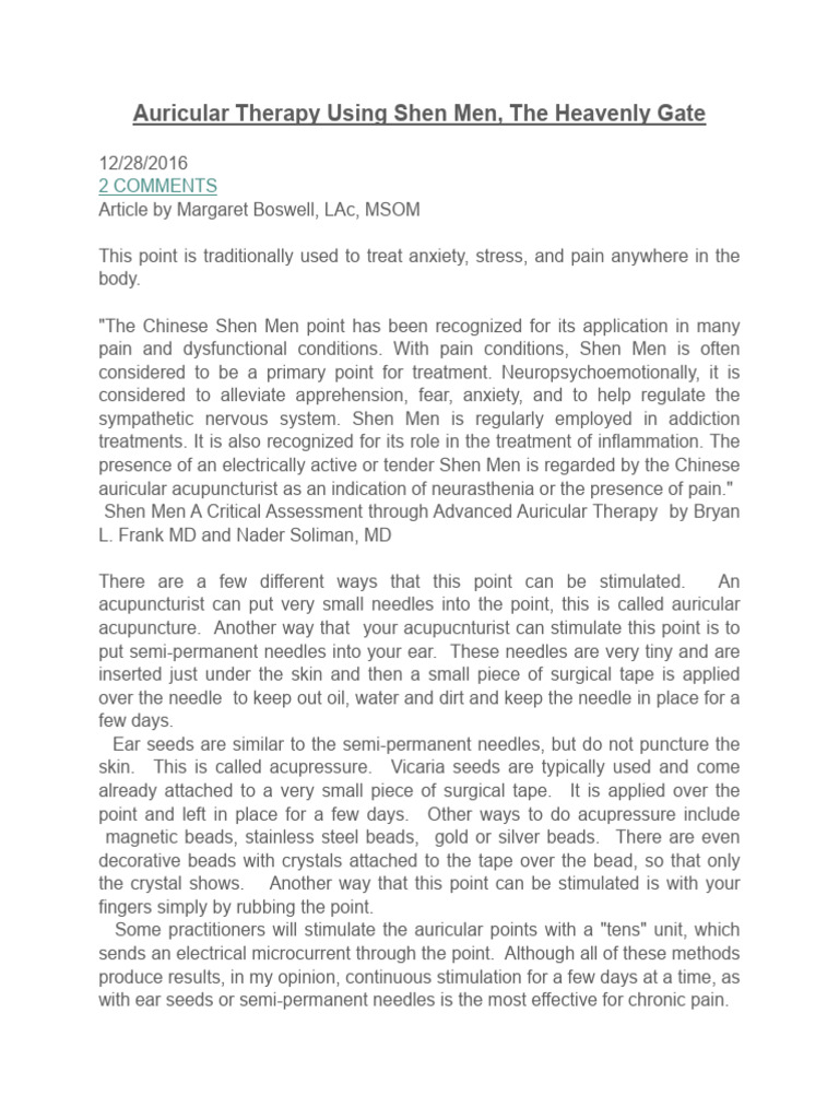 Auricular Therapy Using Shen Men, The Heavenly | PDF | Acupuncture ...