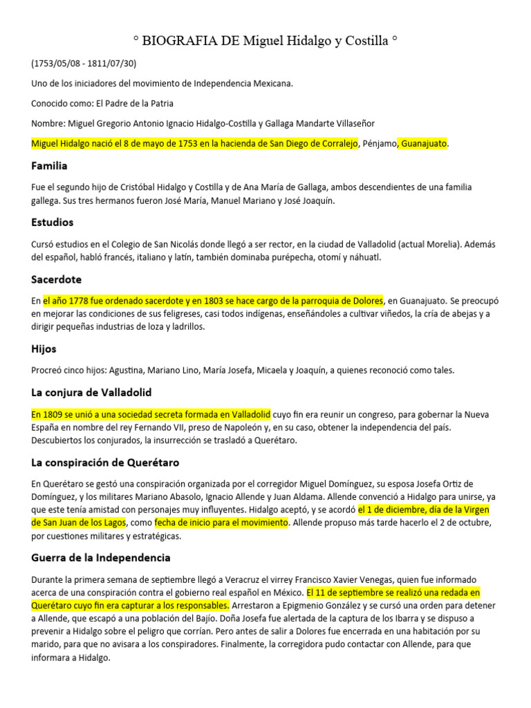 Biografía de Miguel Hidalgo y Costilla | PDF | Colonización española de ...