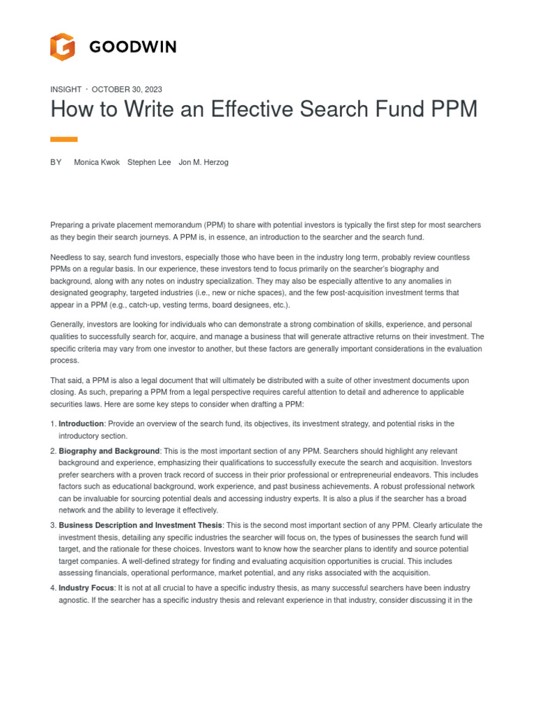 Search Fund PPM Guide for Investors | PDF | Risk | Investing