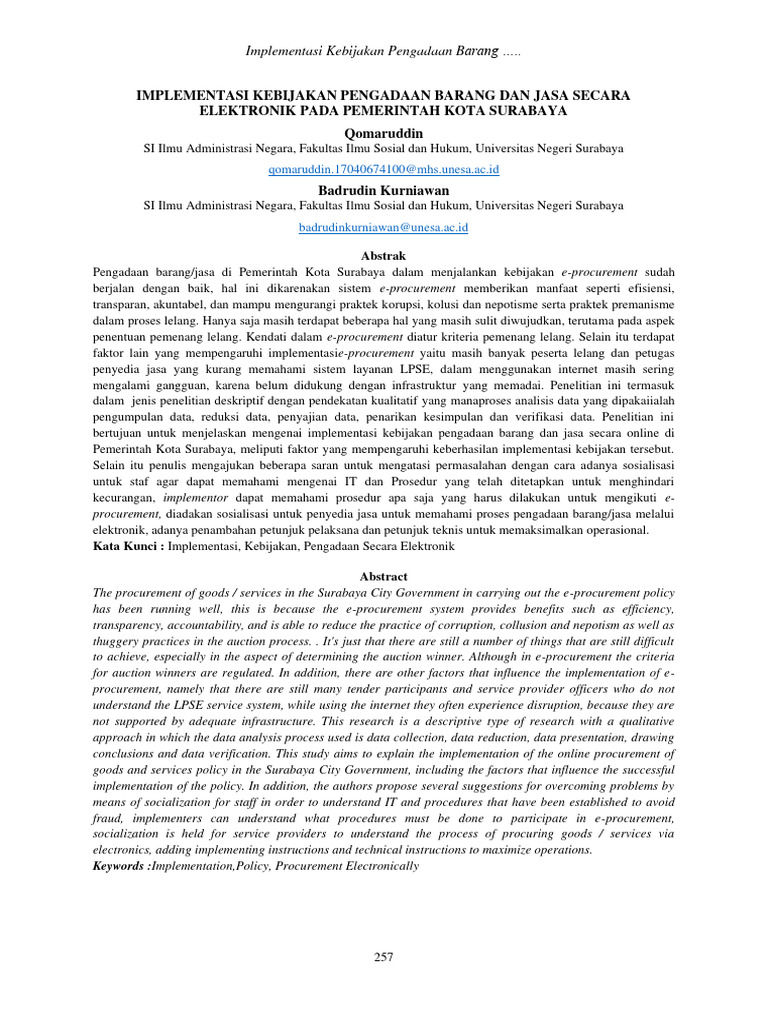 E-Procurement Surabaya: Implementasi dan Tantangan | PDF