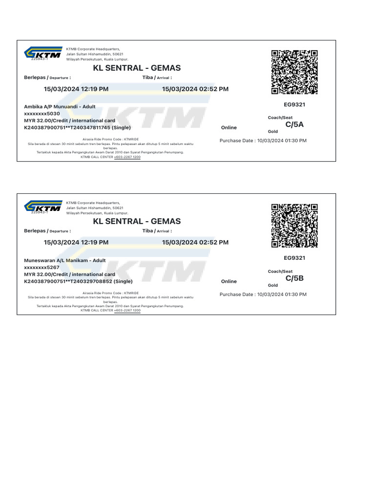 Tiket Ets Intercity KL Sentral-Gemas | PDF