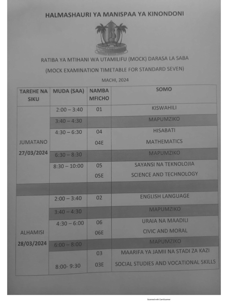 Ratiba Ya Mock Darasa La Saba Machi 2024 | PDF
