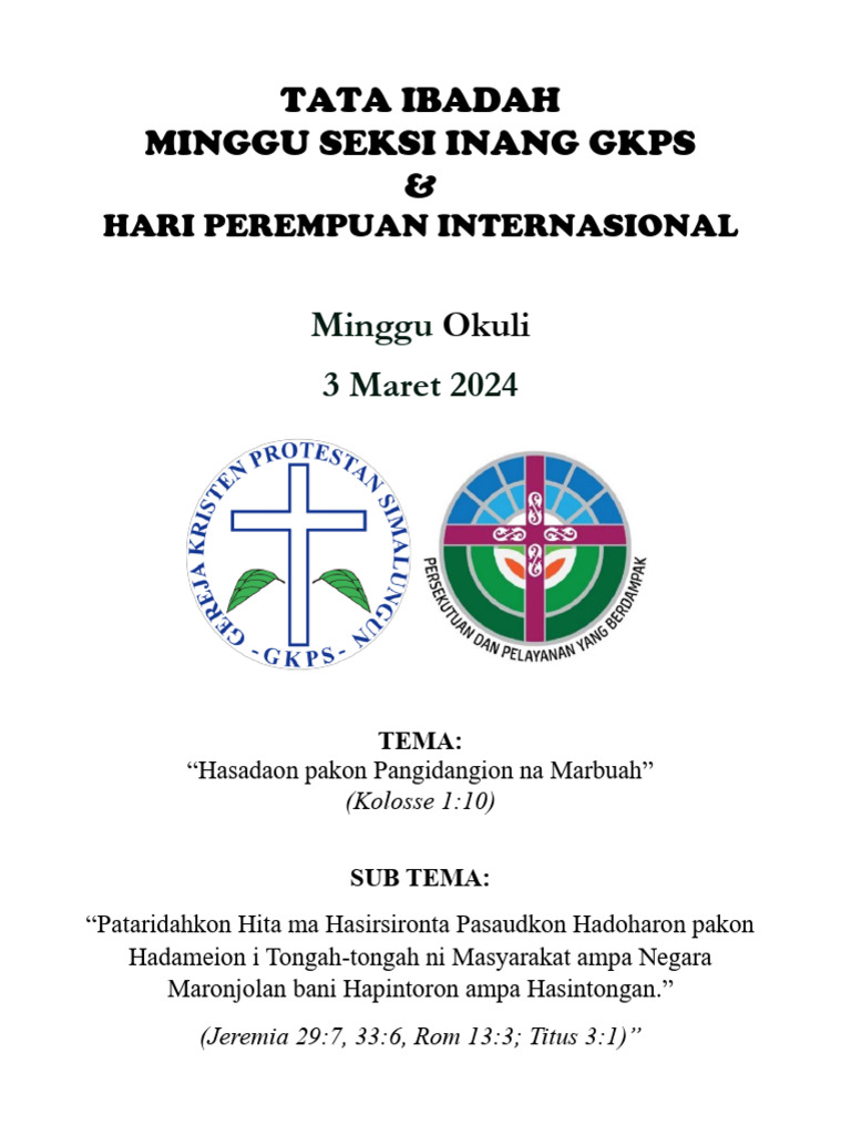 Tata Ibadah Minggu Seksi Inang GKPS Tahun 2024 | PDF