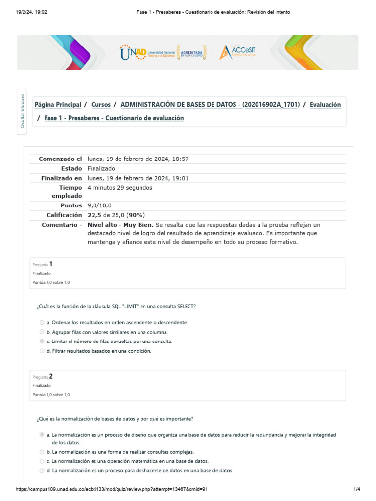 Base de Datos Fase 1 - Presaberes - Cuestionario de Evaluación - Revisión Del Intento | PDF ...