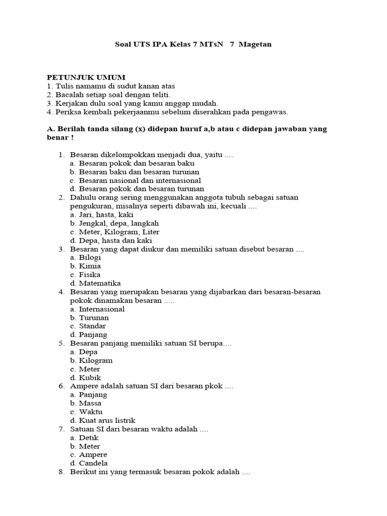 Soal UTS IPA Kelas 7 dan Kunci Jawaban | PDF