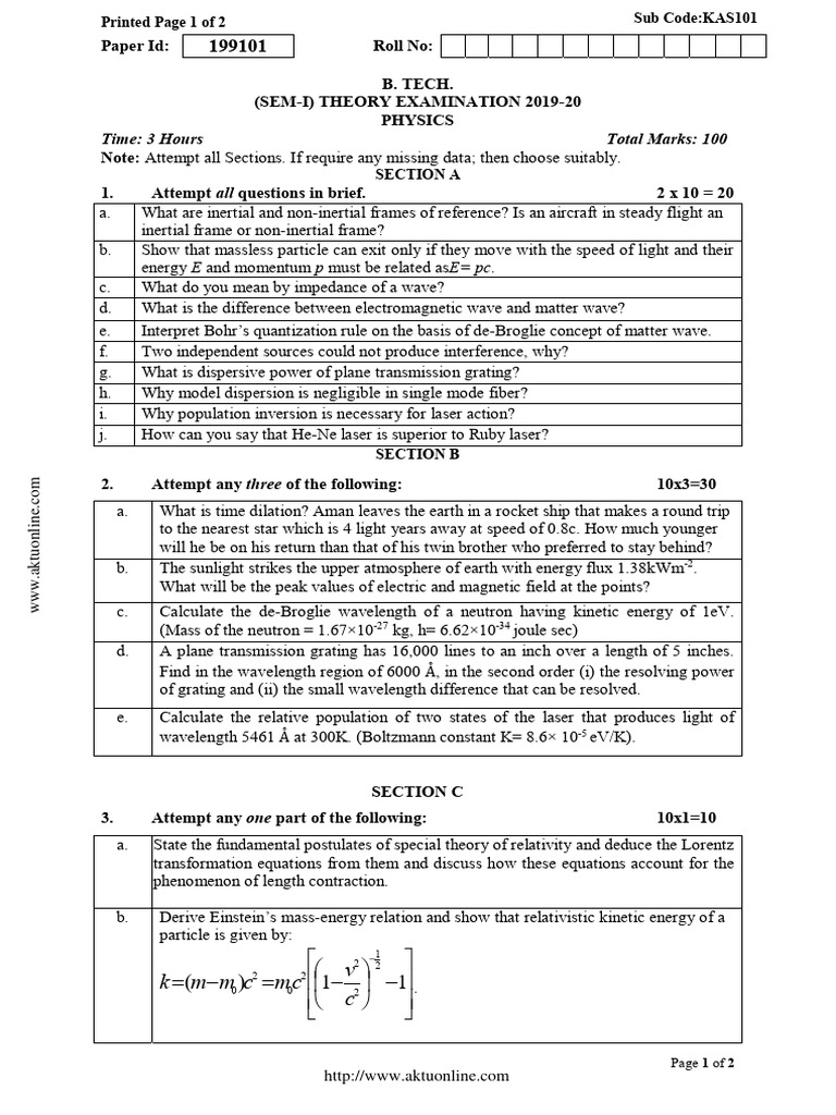 Btech 1 Sem Physics Kas101 2020 | PDF | Diffraction | Special Relativity