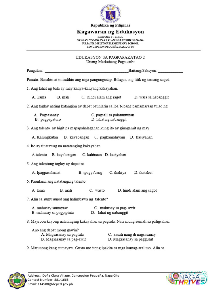 Esp 2 1st Quarter Examination With Tos | PDF