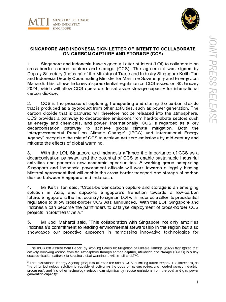 Press Release On Singapore-Indonesia LOI On CCS - MTI - Final | PDF | Carbon Capture And Storage ...