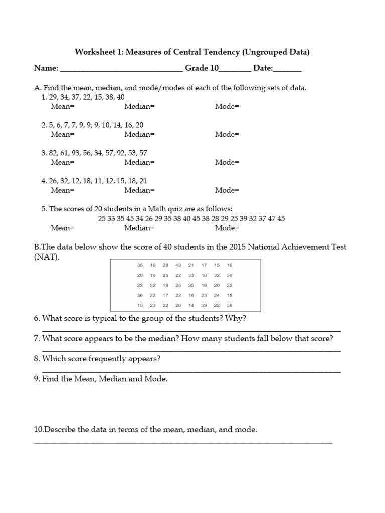 Worksheet 1 Measures of Central Tendency Ungrouped | PDF | Career ...