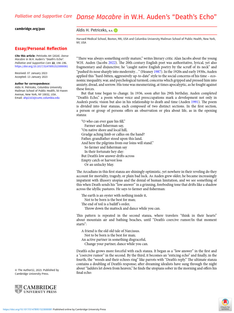 Danse Macabre in WH Audens Deaths Echo | PDF | Poetry