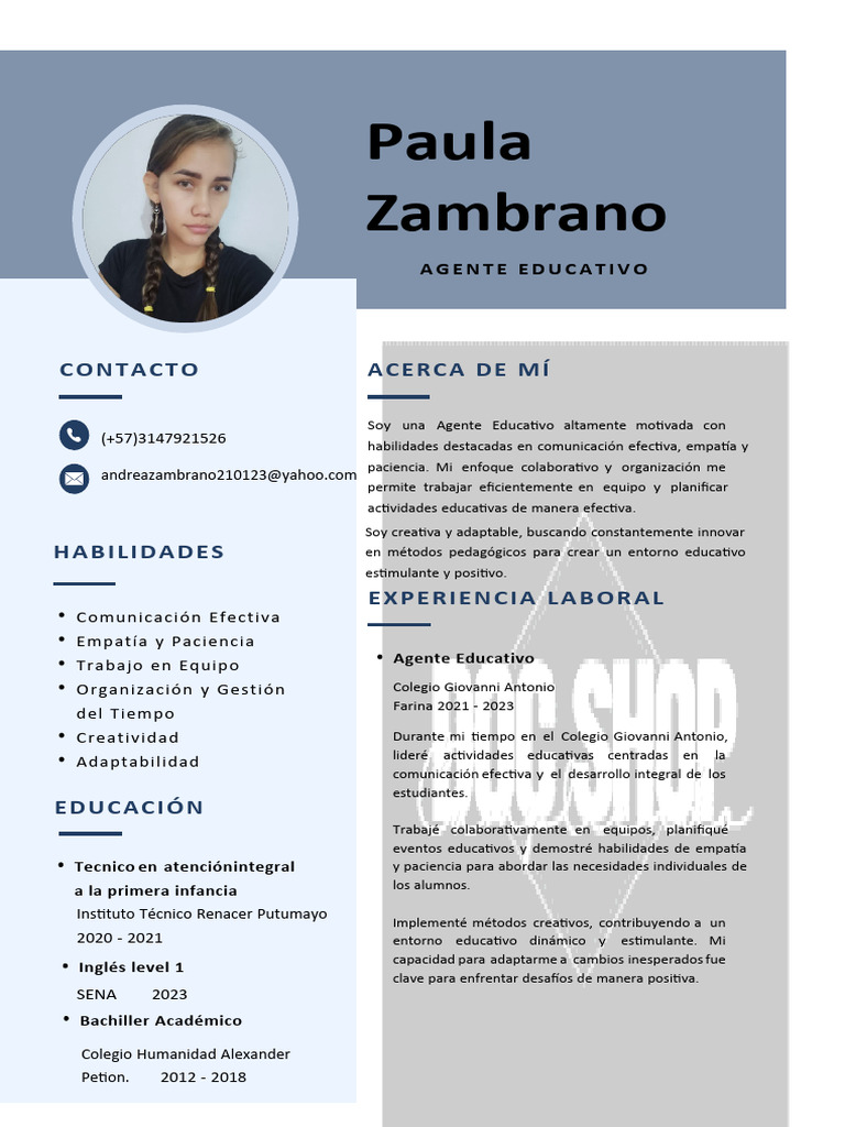 Currículum Vitae CV Paula Andre Zambrano Ramirez | PDF