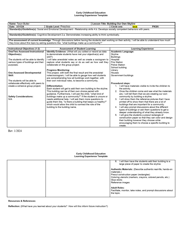 Ece Lesson Plan Buildings Skyline Skyriders | PDF | Learning ...