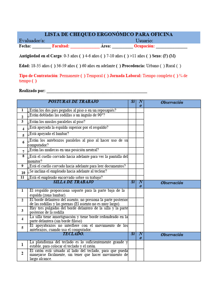 Lista de Chequeo Erg. para Oficina y Cuest. Nordico - TO2 Q1 2023 | PDF | Teclado