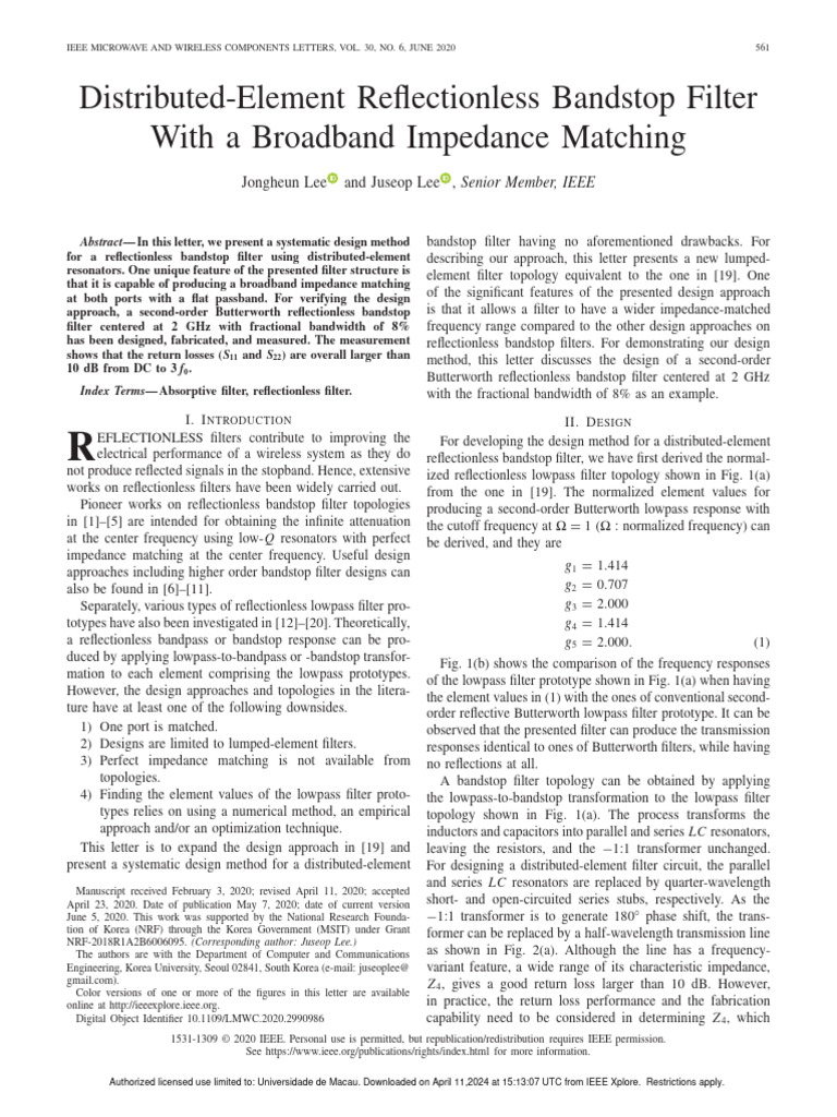 Distributed-Element Reflectionless Bandstop Filter With A Broadband Impedance Matching | PDF ...