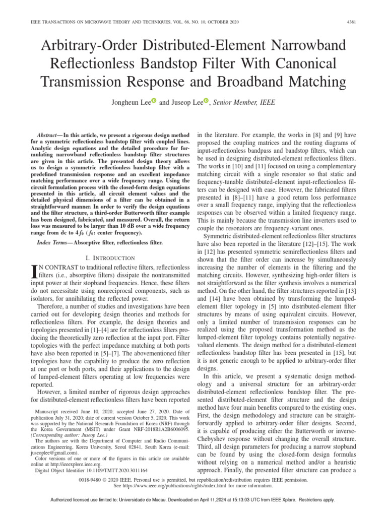 Arbitrary-Order Distributed-Element Narrowband Reflectionless Bandstop Filter With Canonical ...