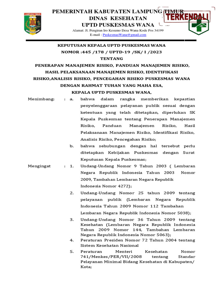 SK PENERAPAN MANAJEMEN RISIKO, PANDUAN MANAJEMEN RISIKO, HASIL PELAKSANAAN MANAJEMEN RISIKO ...