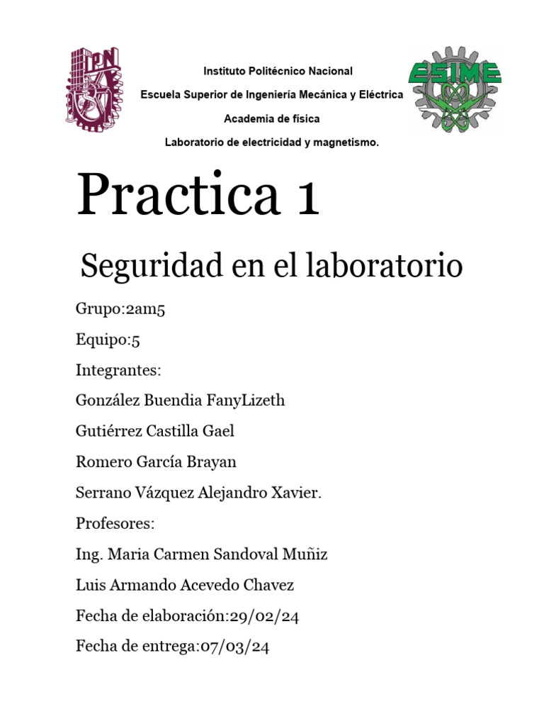 Practica 1 Seguridad en El Laboratorio | PDF | Corriente eléctrica | Aislador (Electricidad)