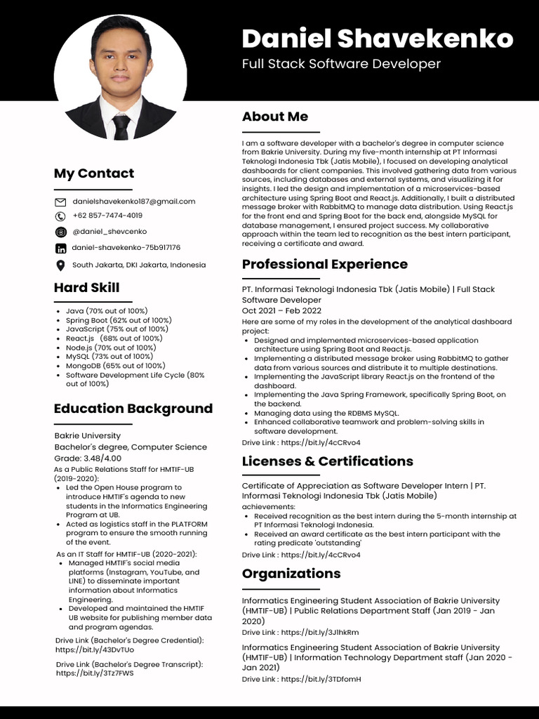 Resume Daniel Shavekenko | PDF | My Sql | Computer Science