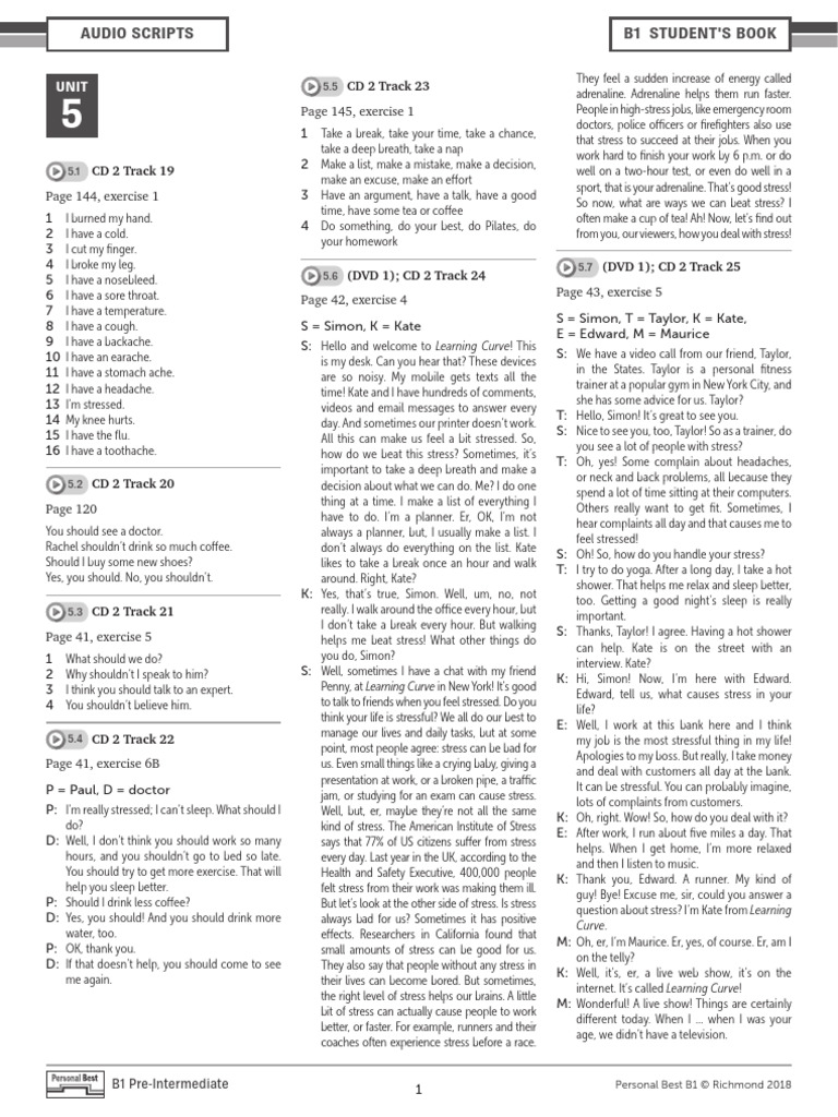 PB AmE B1 SB Audioscript U5 | PDF | Stress (Biology)