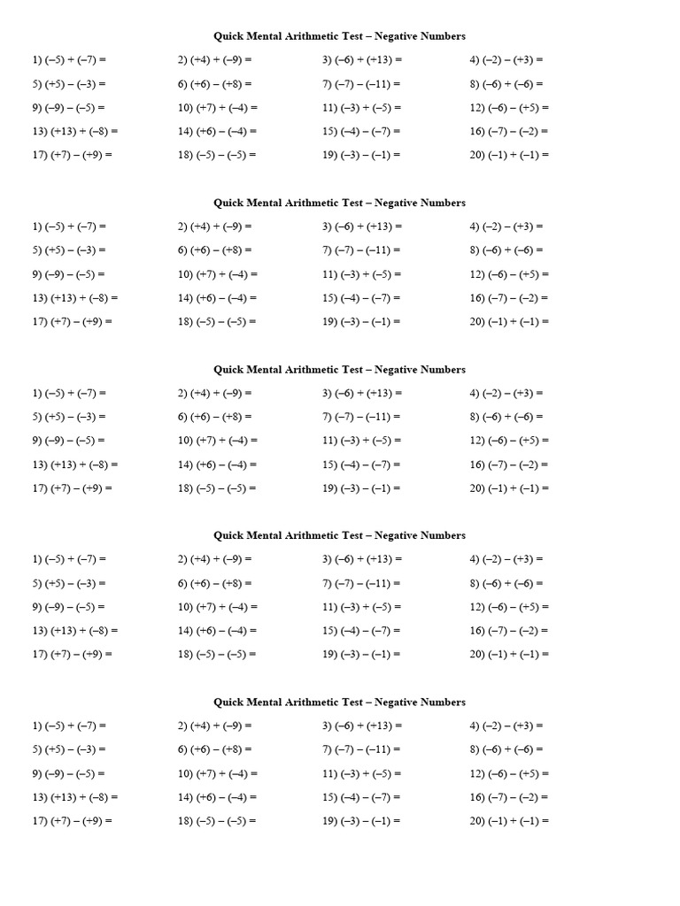 Negative Number Math Quiz | PDF | Arithmetic | Mathematics