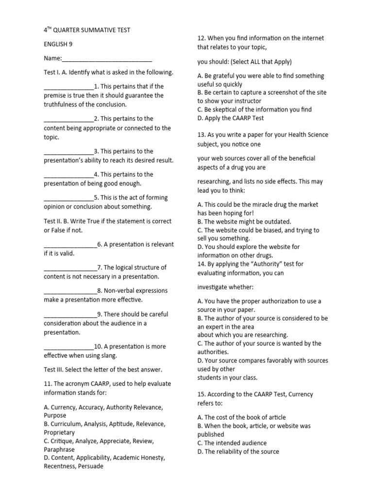 4th Quarter Summative Test | PDF | Information | Truth