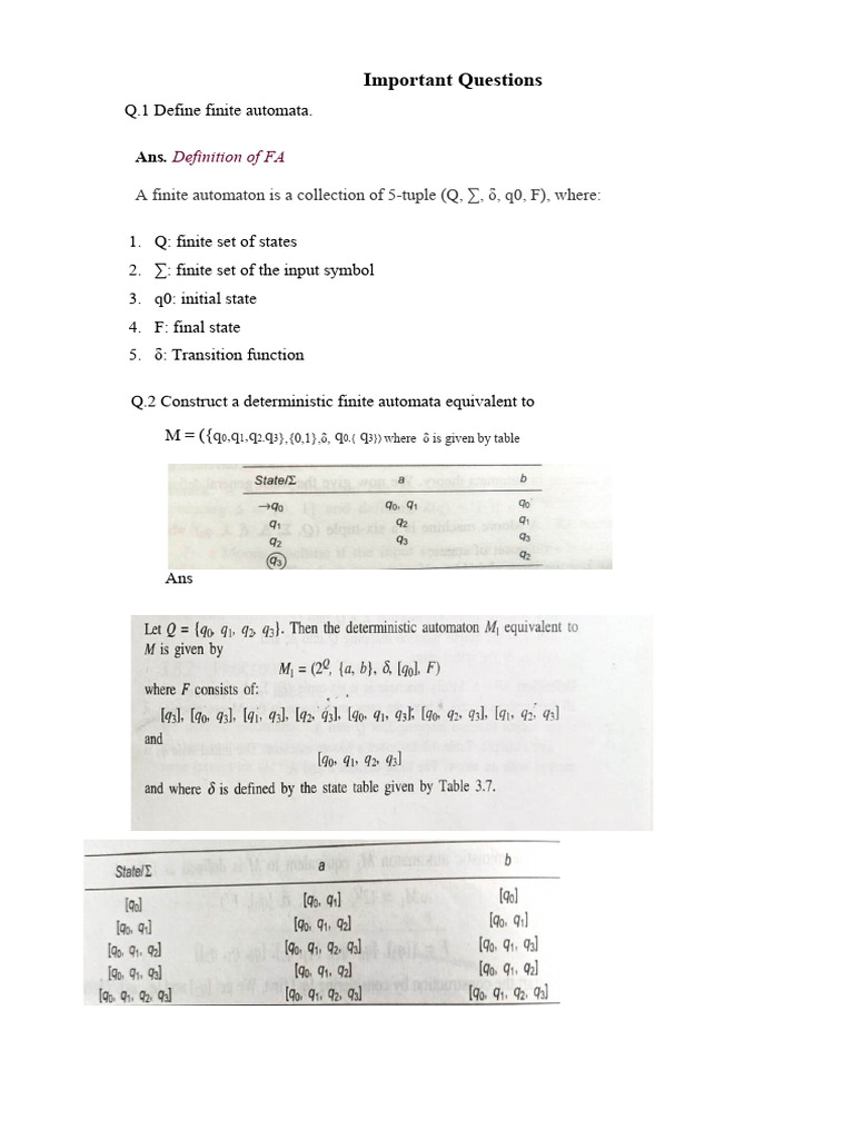 TOC Important Question 1 Mid Term-1 | PDF | Teaching Methods & Materials | Computers