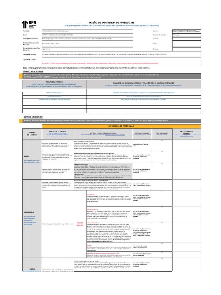 Formato - Diseño - Experiencia - de - Aprendizaje - 2023 Semana 1 | PDF | Maestros | Aprendizaje