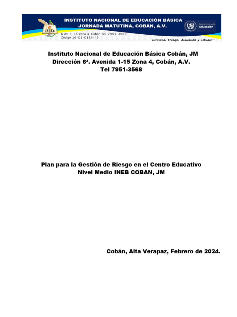 Plan de Riesgo Escolar INEB COBAN 2024 | PDF | La seguridad | Gestión ... Plan de Riesgo Escolar INEB COBAN 2024 | PDF | La seguridad | Gestión ...