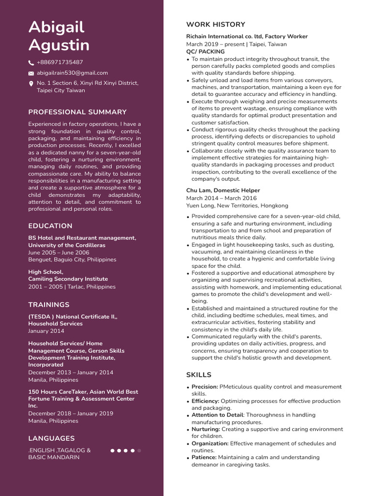 Abigail Agustin CV Resume Revise | PDF | Packaging And Labeling | Business