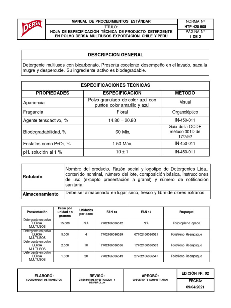 Ficha Tecnica Detergente Dersa | PDF | Detergente | Productos de limpieza