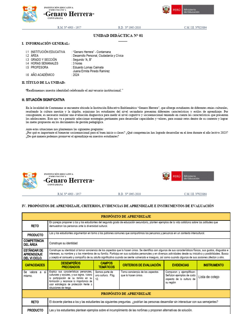 Lomas Unidad Aprendizaje - DPCC - 2° 2024 | PDF | Aprendizaje | Evaluación
