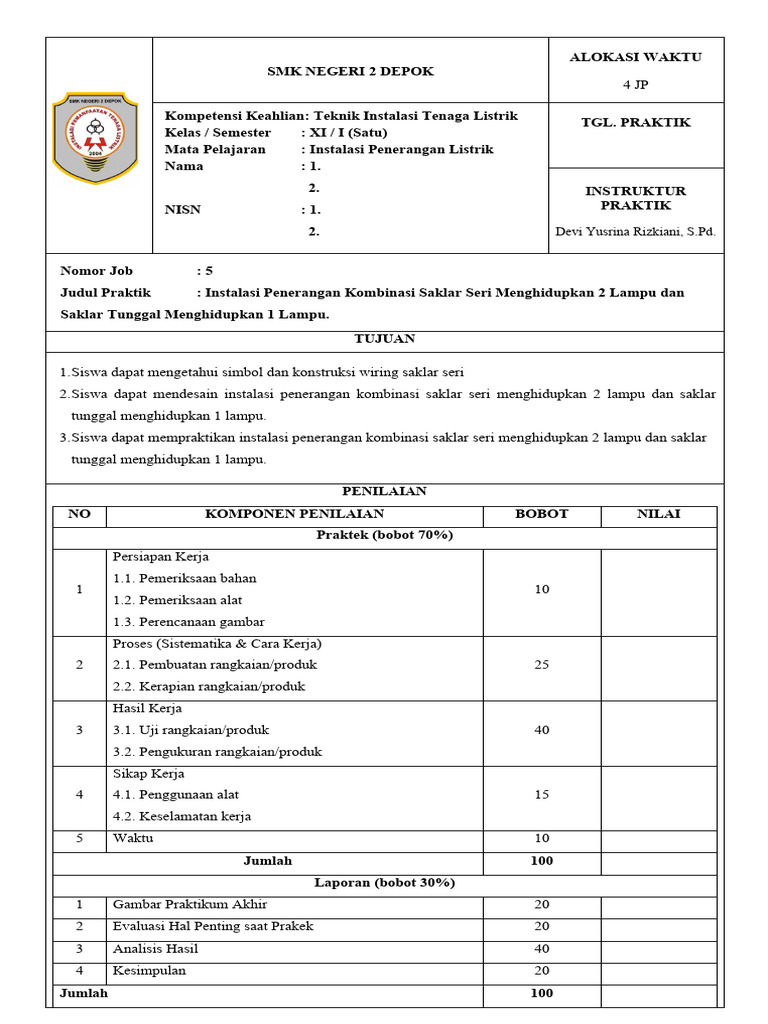 Jobsheet 5 - Saklar Seri 2 Lampu, Saklar Tunggal 1 Lampu | PDF