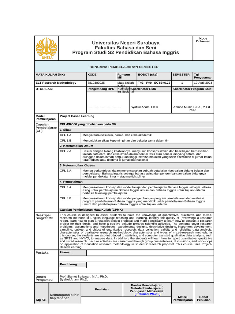 S2-Unesa RPS ELT Research Methodology | PDF