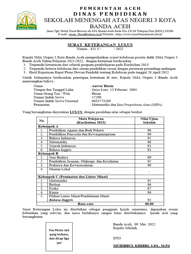 Surat Keterangan Lulus SMA 3 | PDF