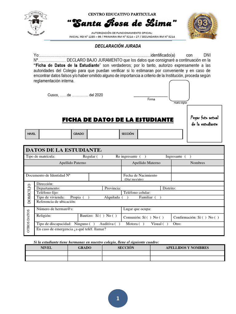 2020-Ficha-de-datos-generales-de-la-estudiante | PDF | Documento de ...