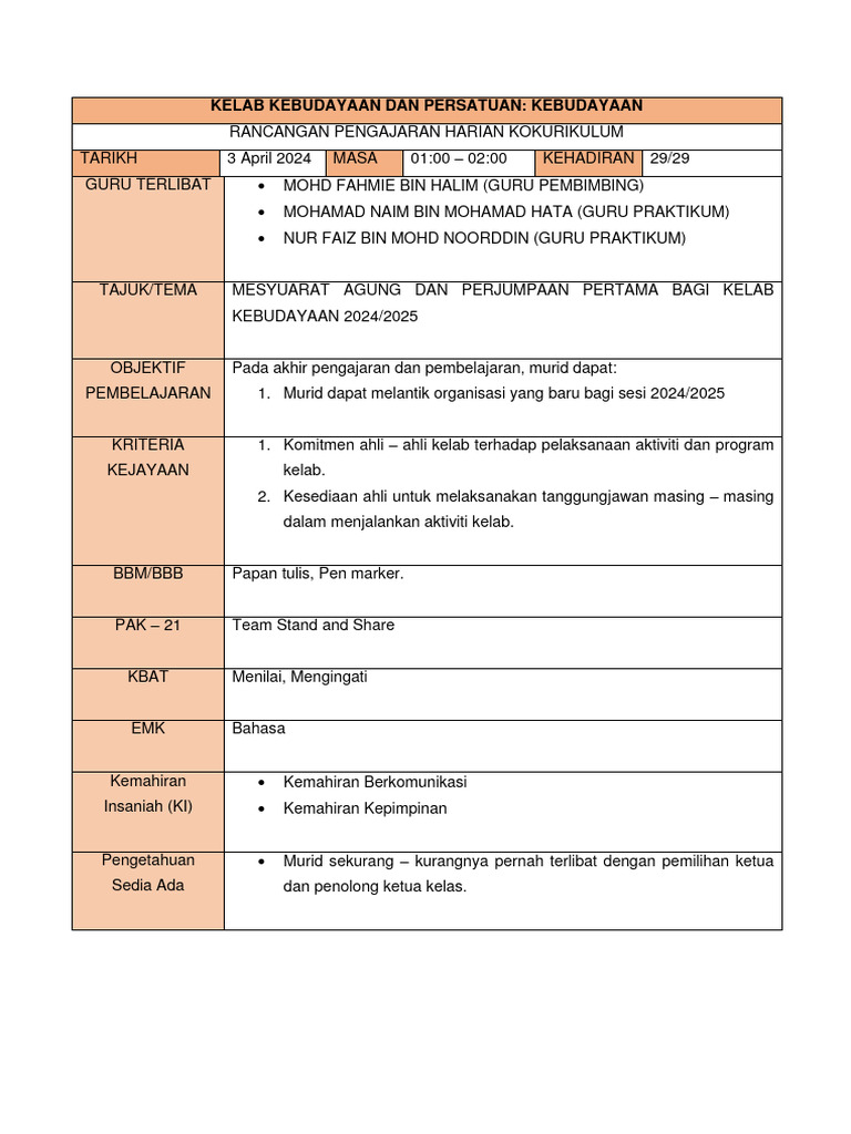 RPH Kokurikulum Kelab Kebudayaan SK Cheras Indah | PDF
