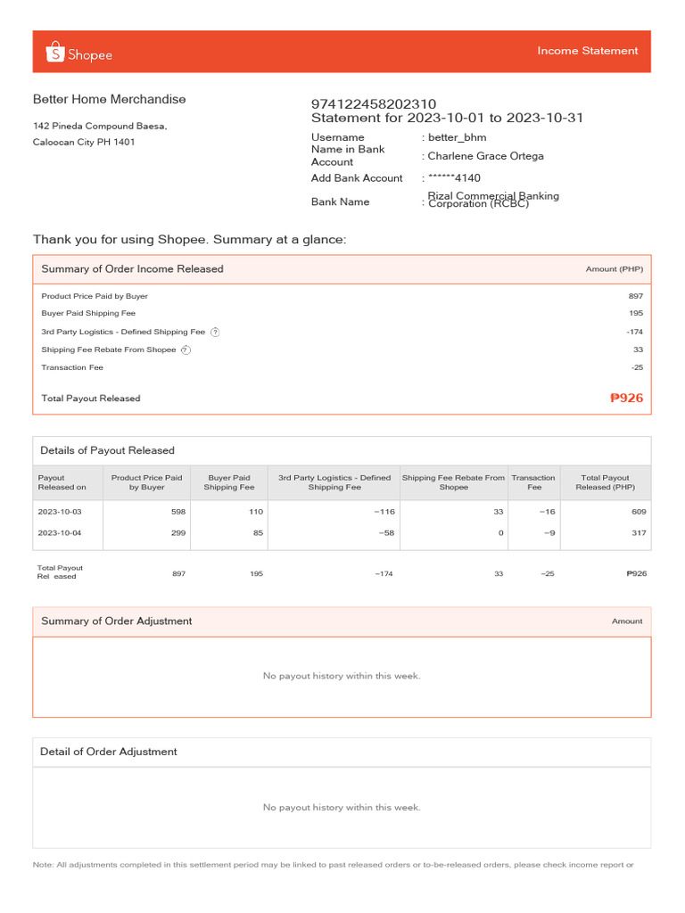 October 2023 Income Statement Summary | PDF | Banking | Service Industries