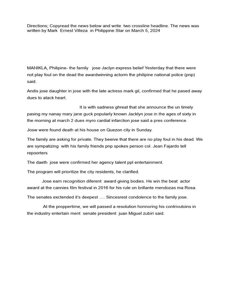 COPYREADING and HEADLINE WRITING ACTIVITIES - ENGLISH | PDF | South ...