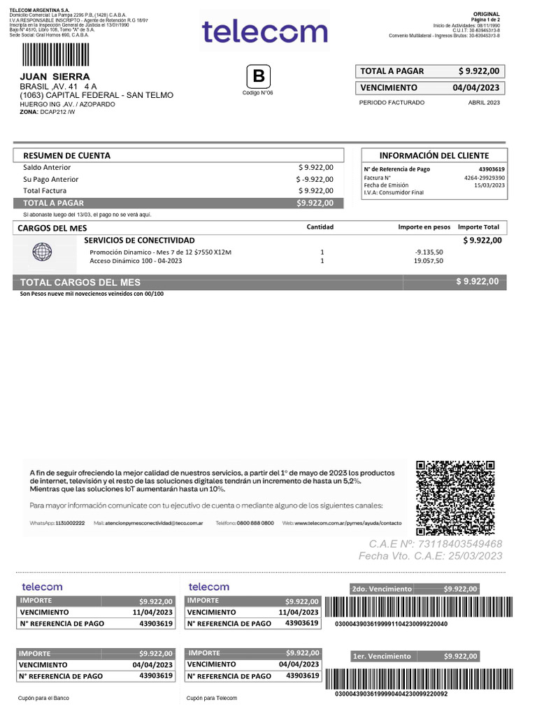 Factura Telecom Argentina - Abril 2023 | PDF