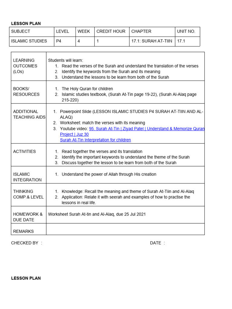 Chapter 17 Week 4 Term 3 - Lesson Plan P4 2022 | PDF | Surah | Quran