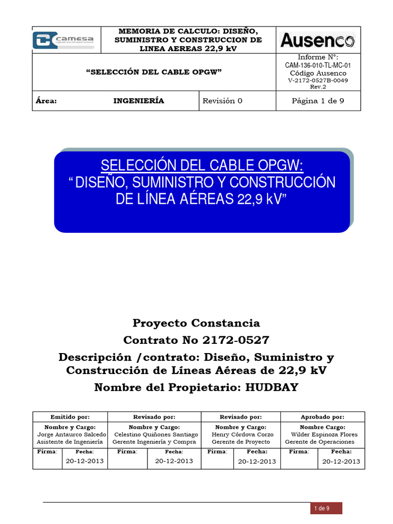 CAM-136-010-TL-MC-01 SELECCIÓN DEL CABLE OPGW Rev0 | PDF | Corriente ...
