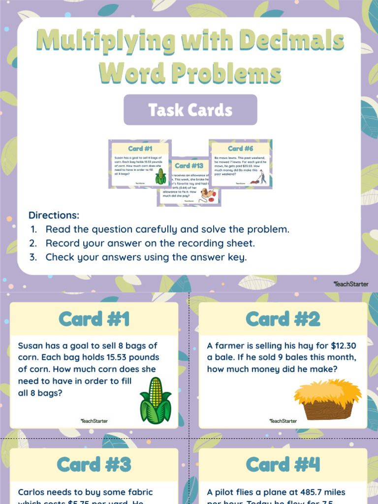 Multiplying Decimals Word Problem Task Cards Printable PDF | PDF ...