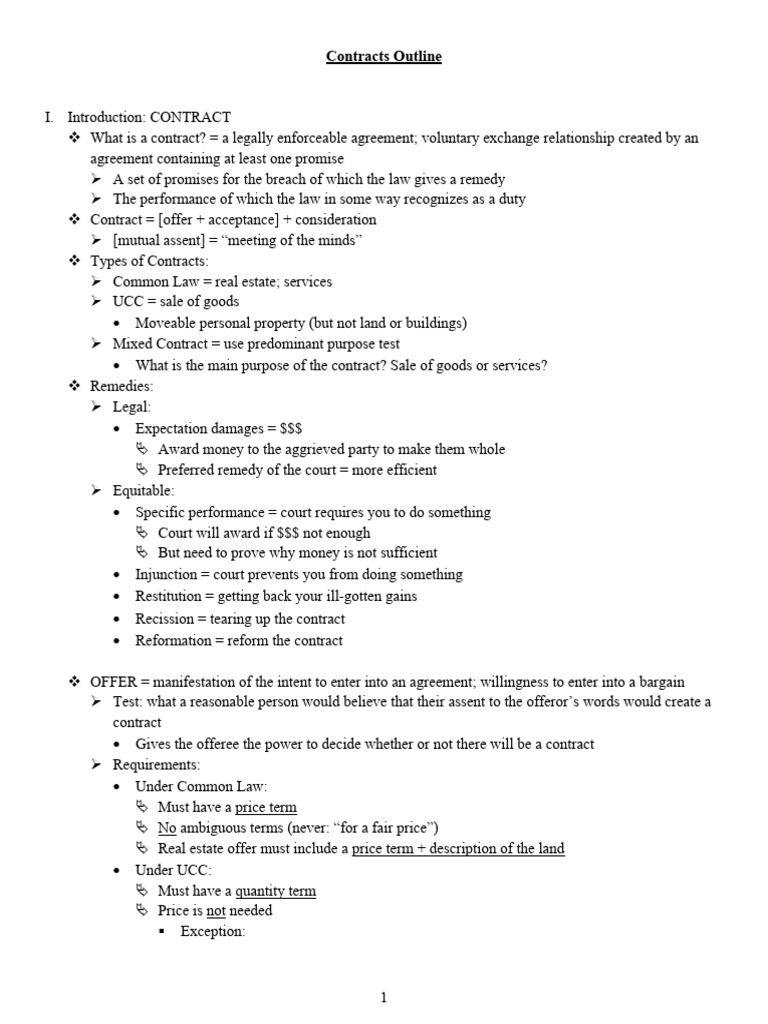 Contract Outline | PDF | Damages | Offer And Acceptance