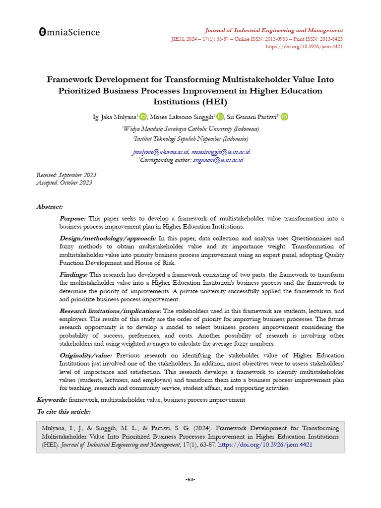 57. Framework Development for Transforming Multistakeholder Value IntoPrioritized Business ...