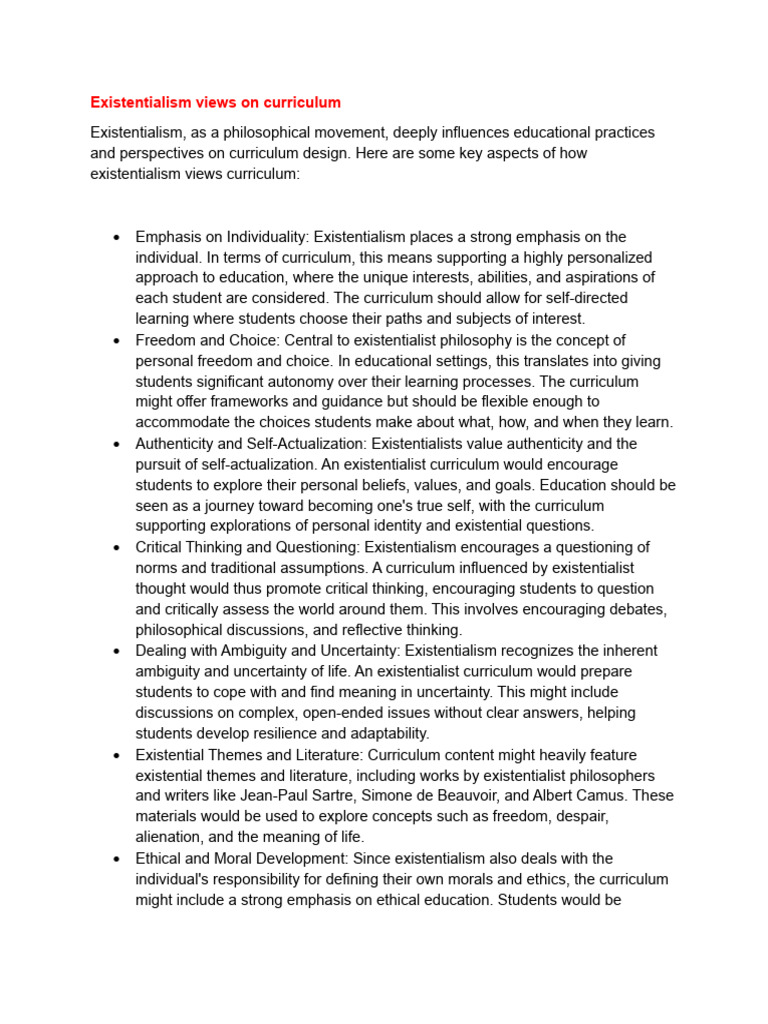 Existentialism On Curriculum | PDF | Existentialism | Authenticity ...