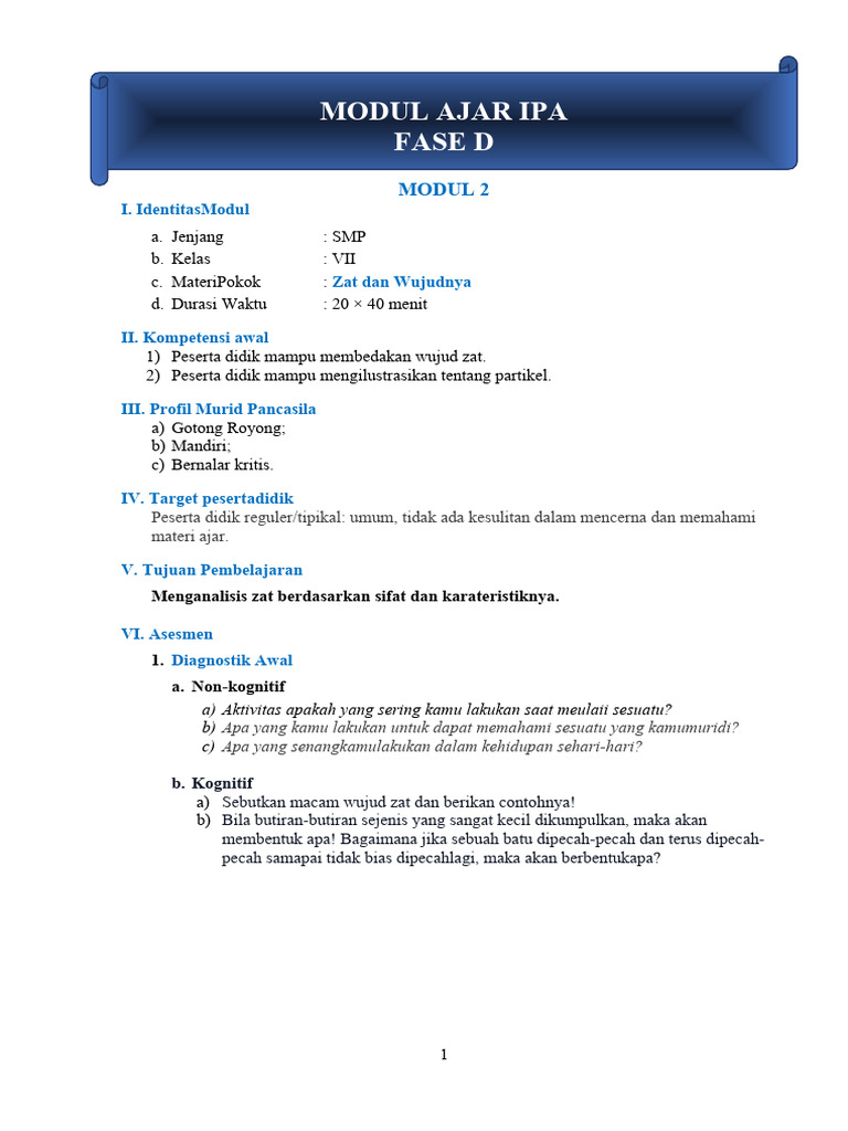 Modul Ajar IPA: Zat dan Wujudnya SMP | PDF | Karier & Perkembangan ...