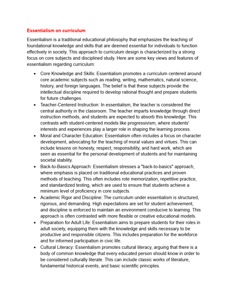 Essentialism On Curriculum | PDF | Curriculum | Knowledge