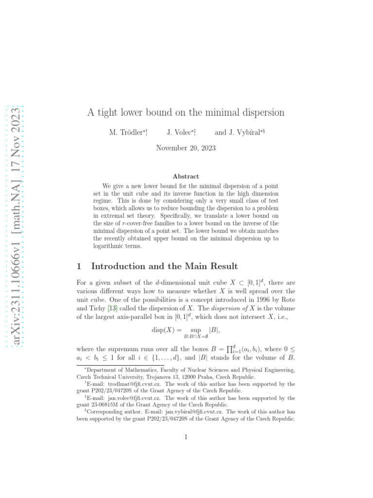 A Tight Lower Bound On The Minimal Dispersion: 1 Introduction and The Main Result | PDF ...